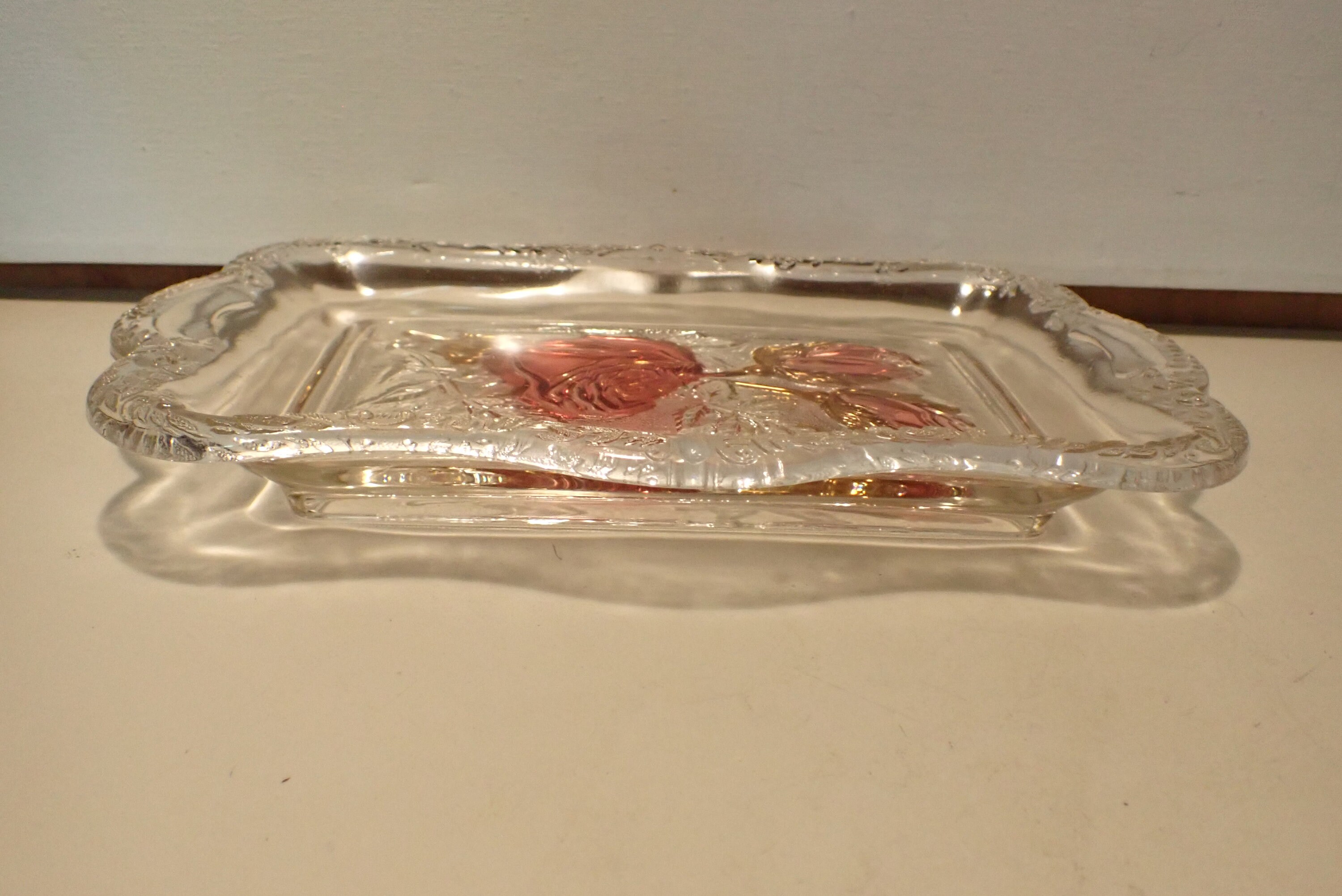Vintage 11 Clear and Red Rose Glass Dress or Bathroom Tray Beautiful - Etsy