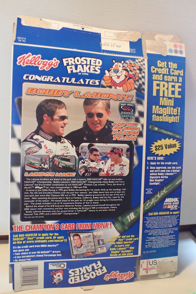 Vintage Kellogg's 2002 Cereal Box Bobby Labonte Advertising Memorabilia ...