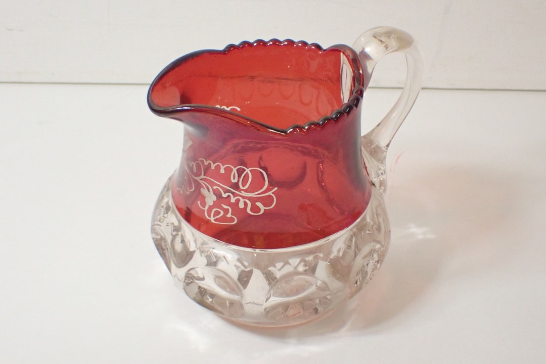 Vintage Ruby Red Flash Thumbprint Floral Etched 5" Creamer Pitcher - Etsy
