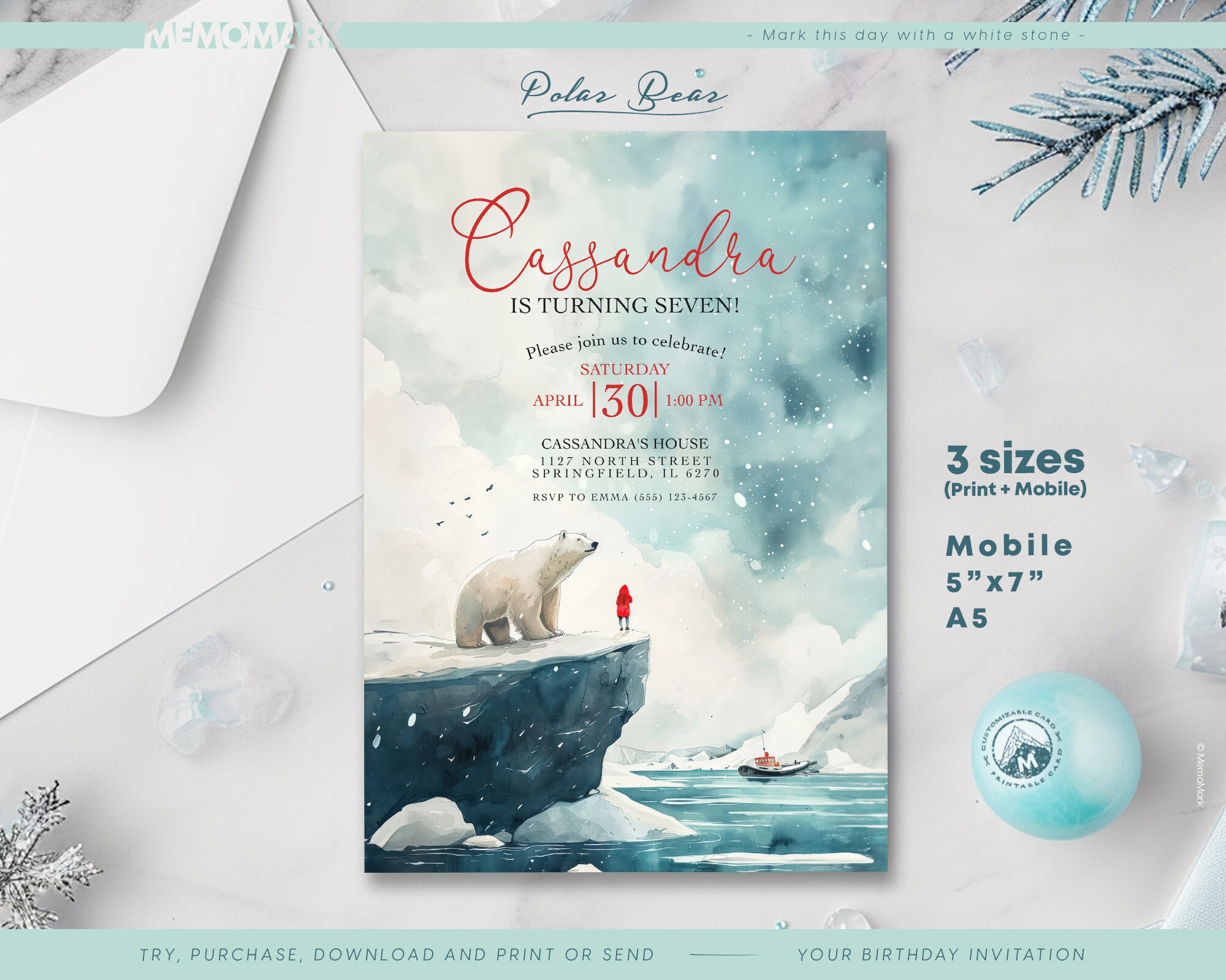 Polar Bear Theme, Birthday Invitation Template for Kids Corjl Editable ...