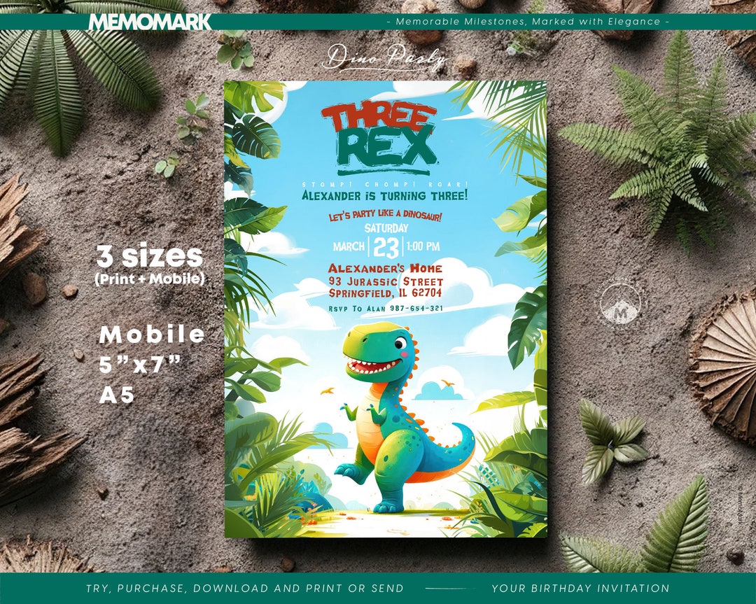 Plantilla de invitación de cumpleaños de dinosaurios Three-Rex para ...