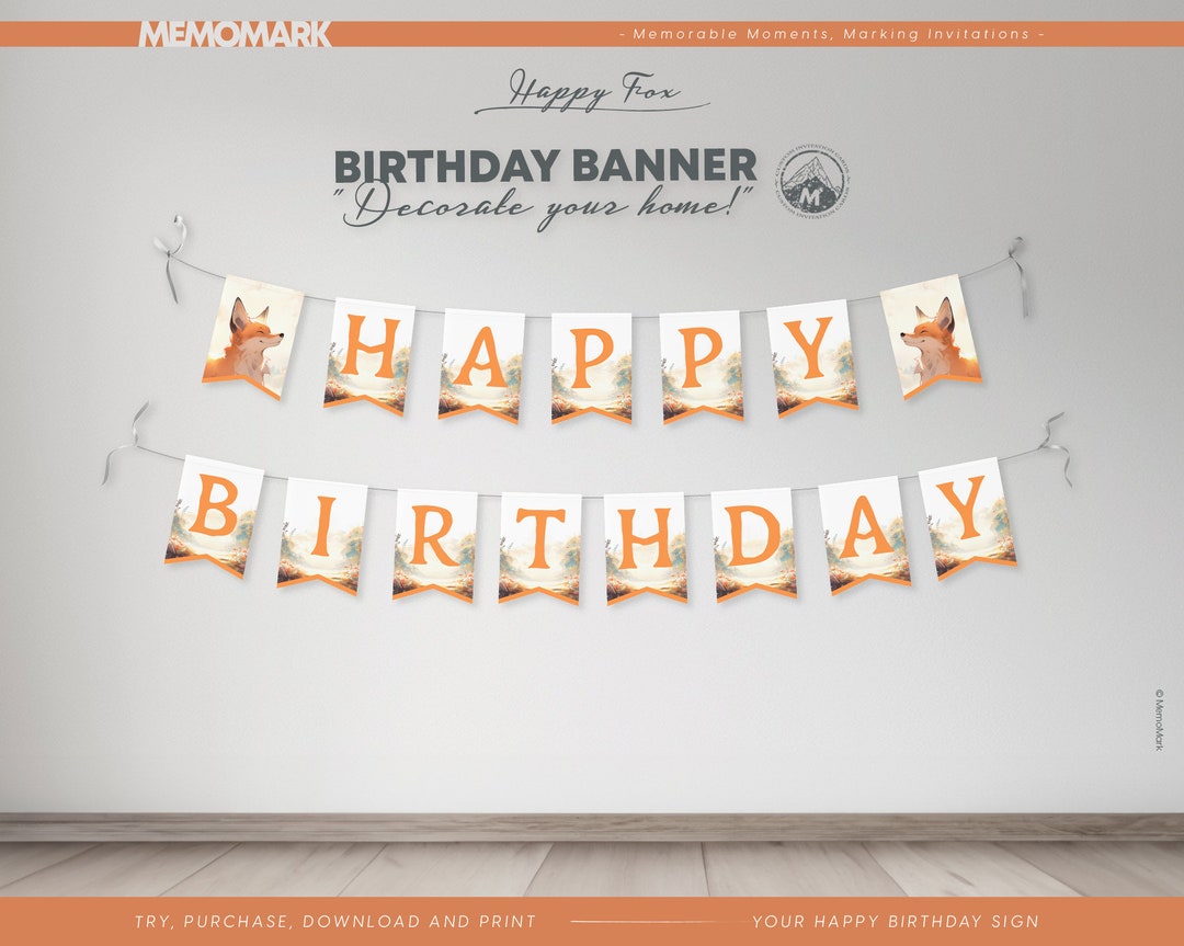 Happy Fox Birthday Banner for Kids - Editable Cute Fox in Forest Theme ...
