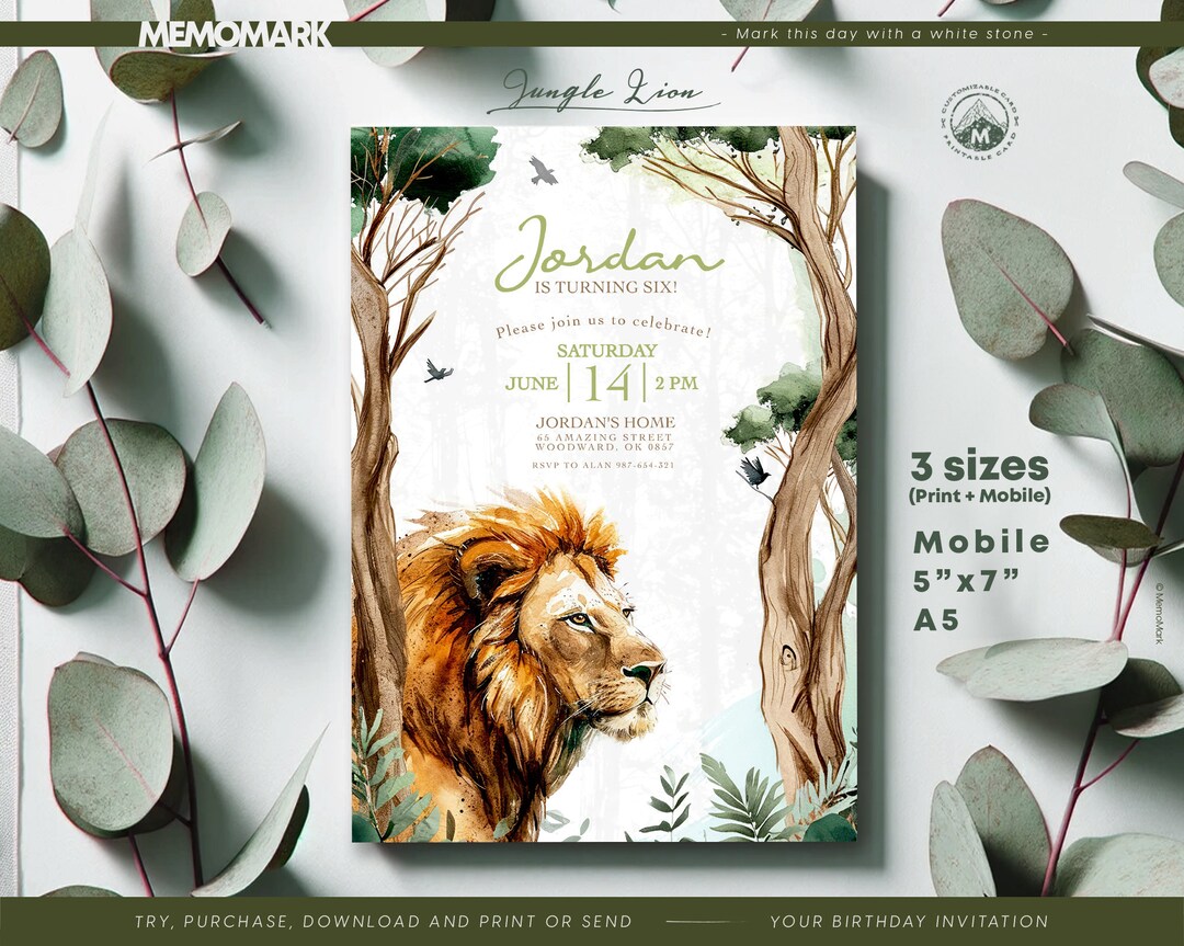 Lion Jungle, Birthday Invitation Template for Kids - Corjl Editable ...