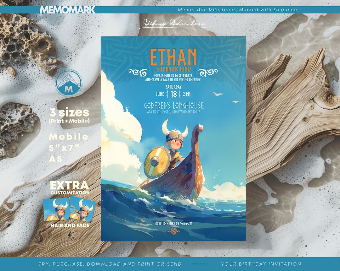 Viking Birthday Invitation Template for Kids - Corjl Editable Viking on ...
