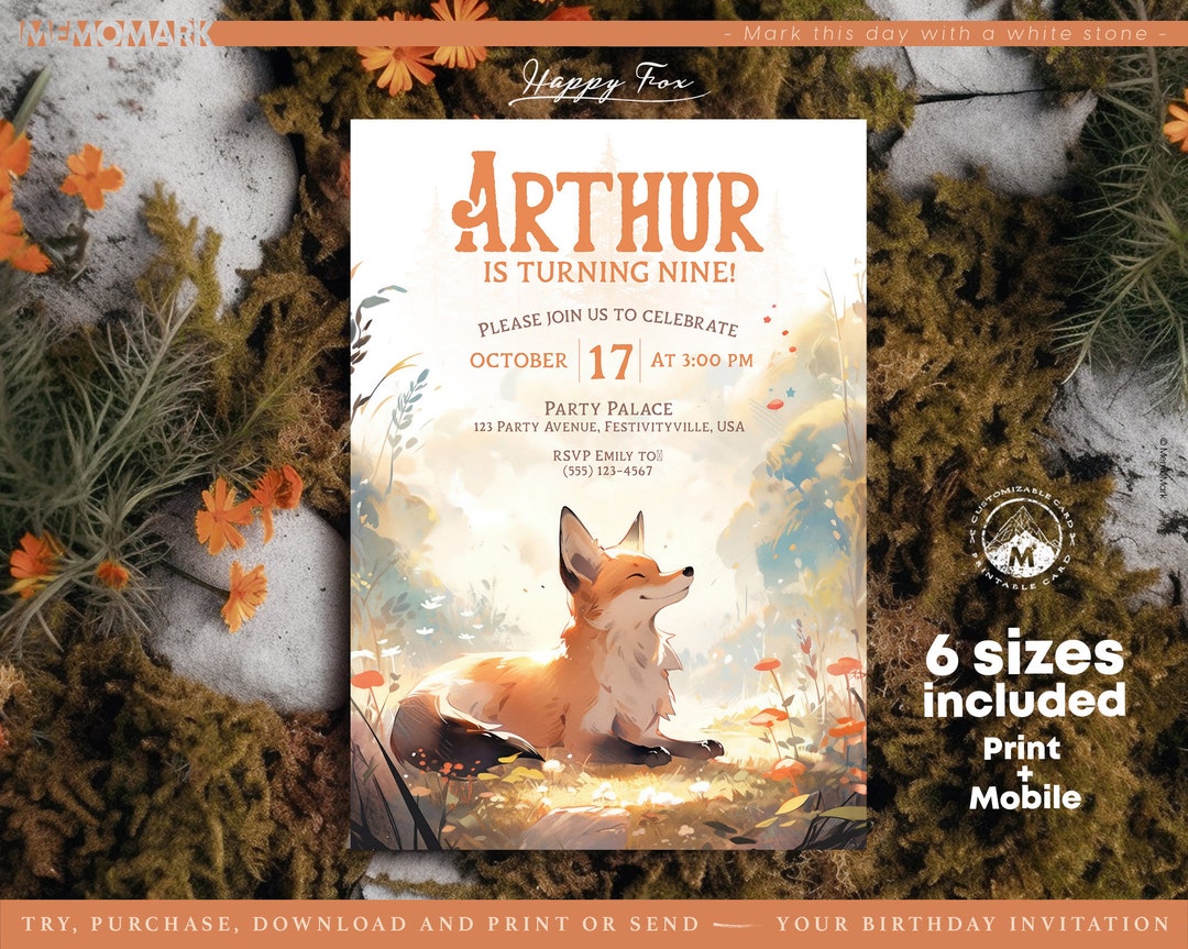 Happy Fox, Kids Birthday Invitation Template Corjl Editable Invitation ...