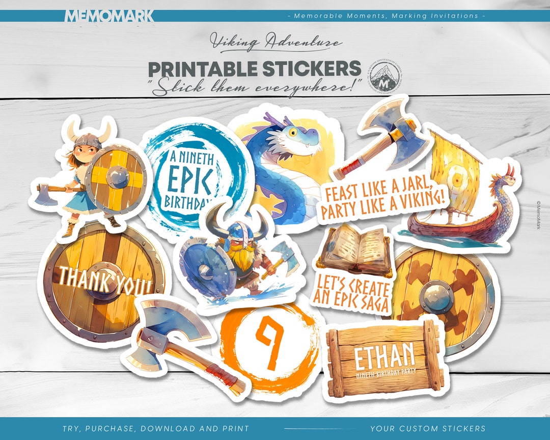 Viking Birthday Stickers for Kids - Editable Knight Favor Supplies ...