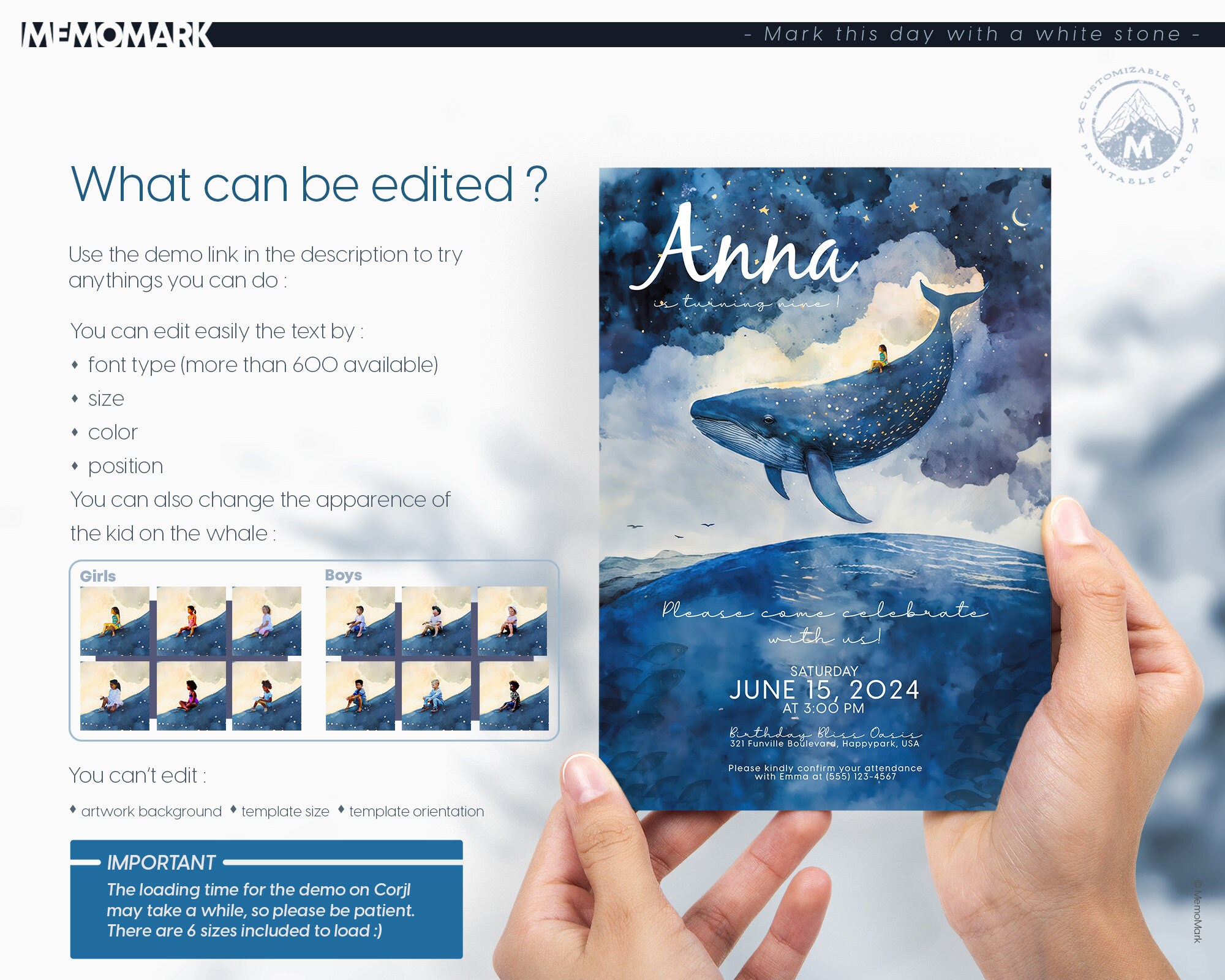 Dreamy Whale, Birthday Invitation Template for Kids Corjl Editable ...