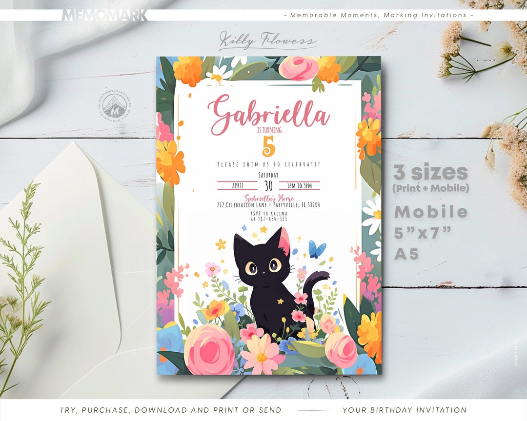 Kitty Flowers Birthday Invitation for Kids Editable Corjl Template for ...