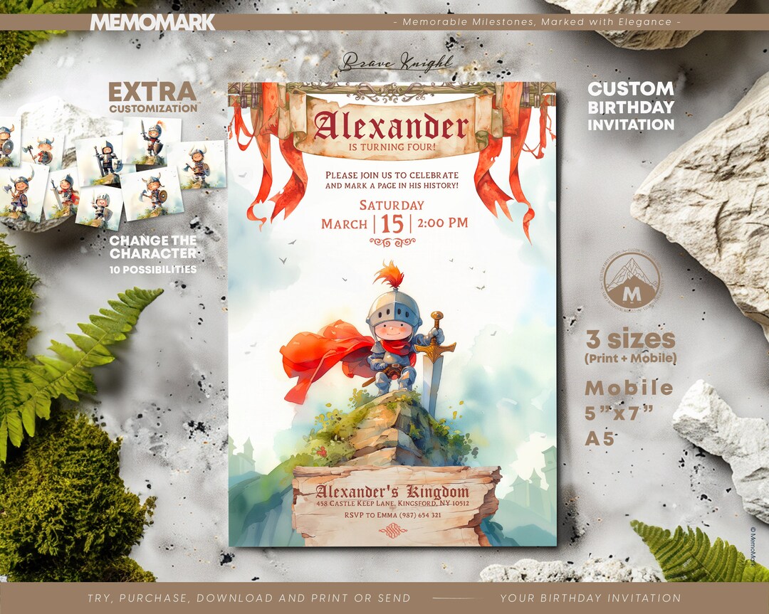 Knight Birthday Invitation Template for Kids Corjl Editable Knight and ...