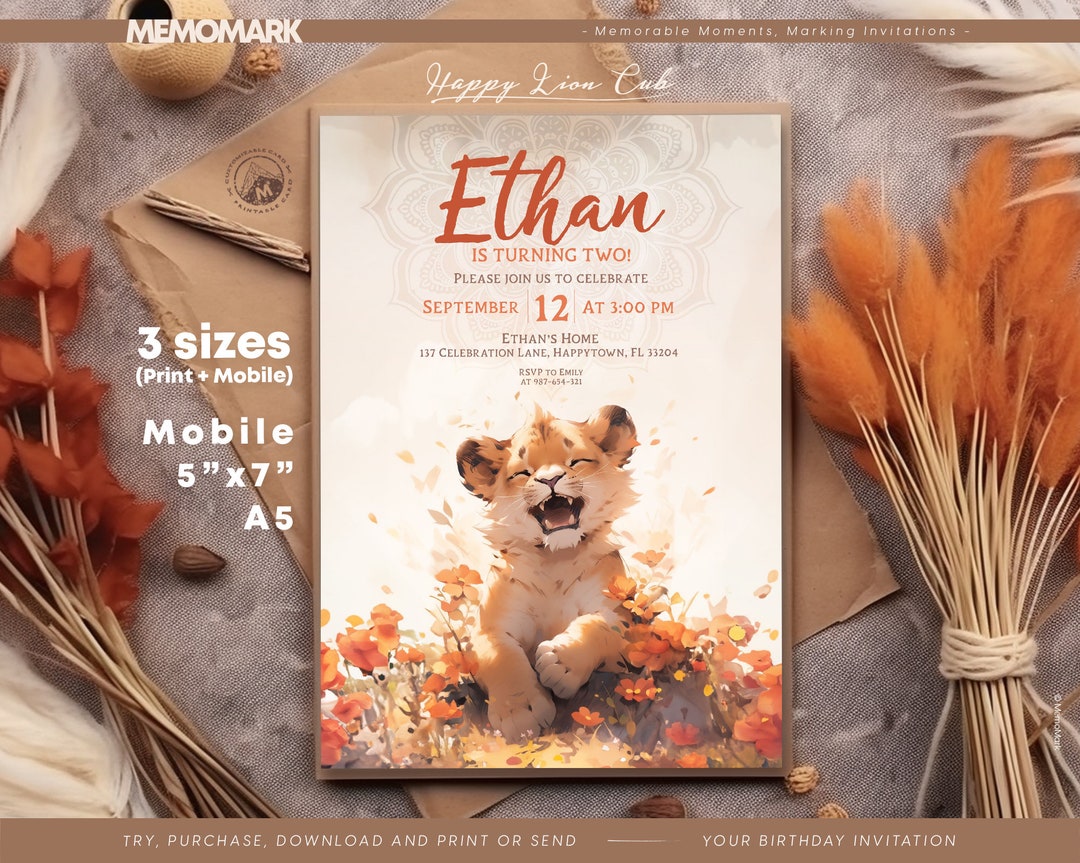 Lion Cub Safari, Birthday Invitation Template for Kids - Corjl Editable ...