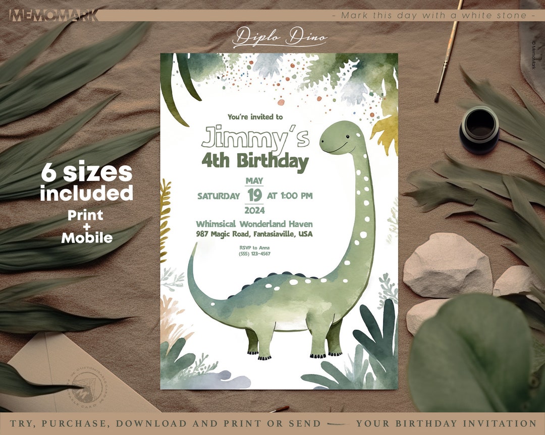 Dinosaur Theme, Birthday Invitation Template for Kids - Corjl Editable ...