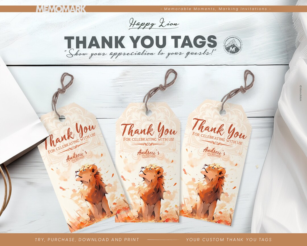 Happy Lion Birthday Thank You Tags for Kids - Editable and Printable ...
