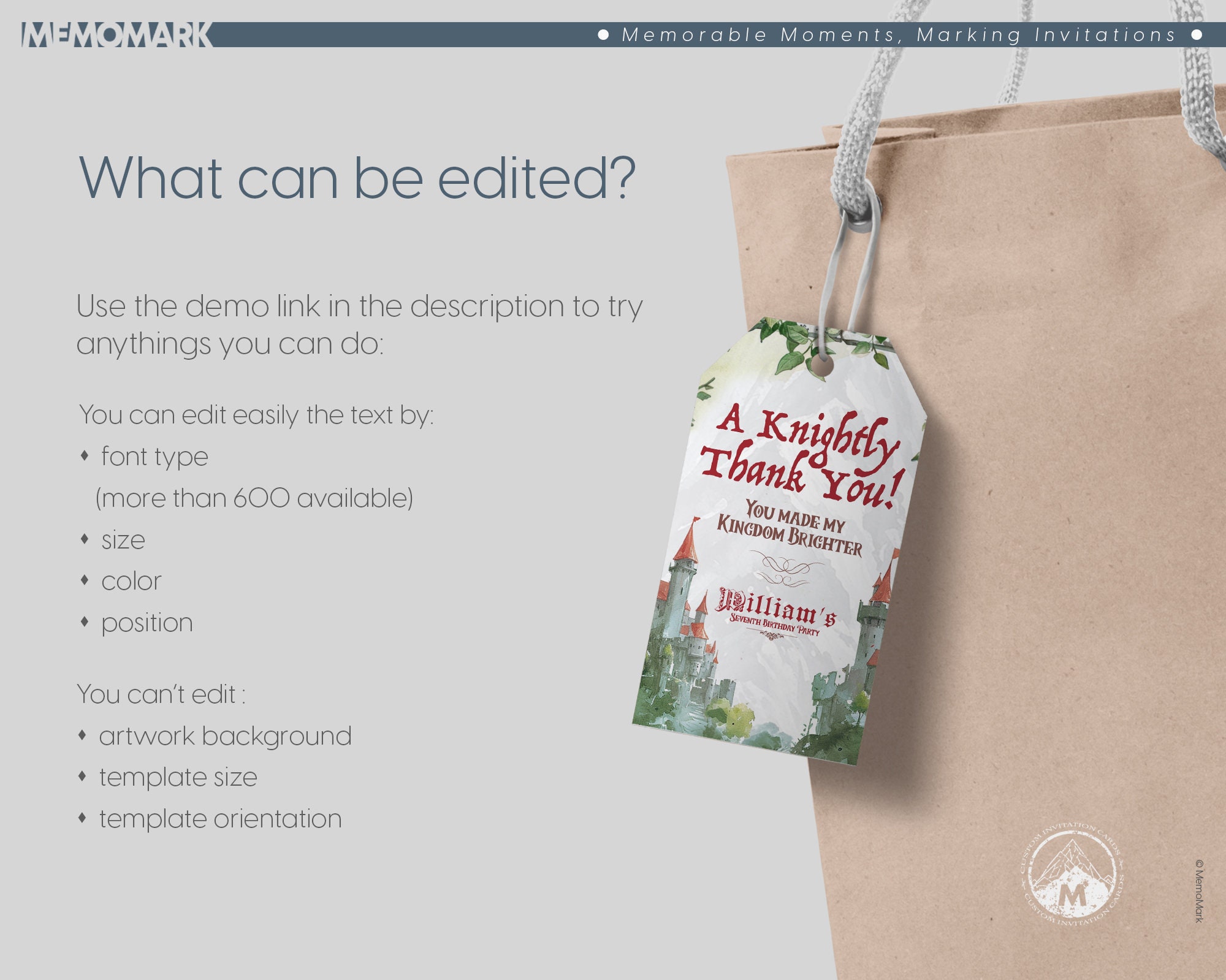 Knight and Castle Birthday Thank You Tags for Kids Editable and ...