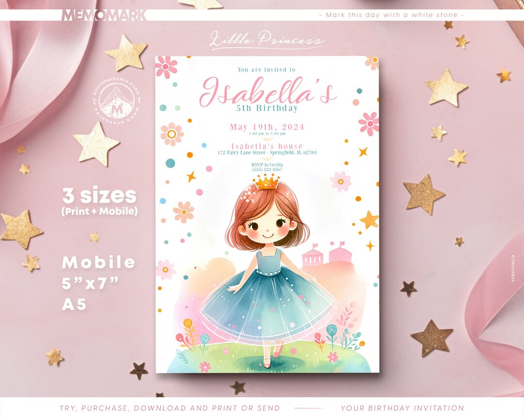 Princess Theme, Birthday Invitation Template for Kids - Corjl Editable ...
