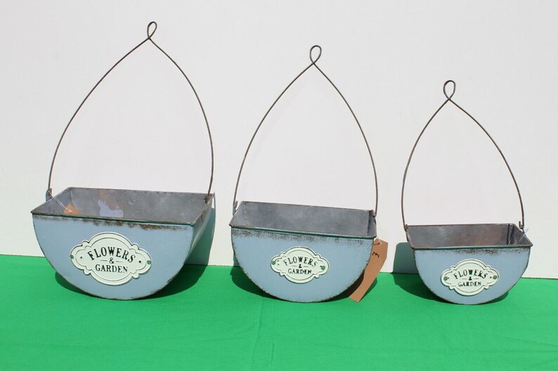 Set of 3 Blue Half Moon Metal Plant Pots Hanging Pots Fence - Etsy UK
