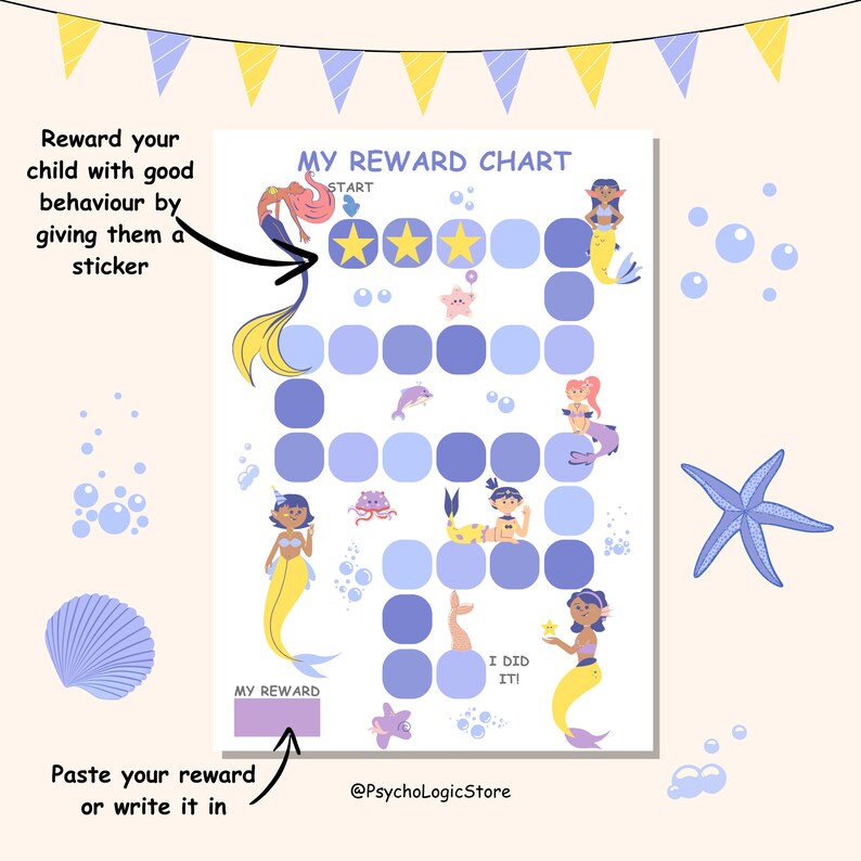 Mermaid Reward Chart, Toddlers, Girls Sticker Chart, Preschool Kids ...