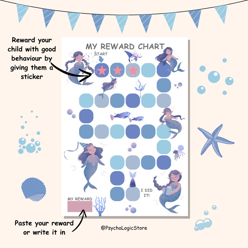 Mermaid Reward Chart, Toddlers, Girls Sticker Chart, Preschool Kids ...