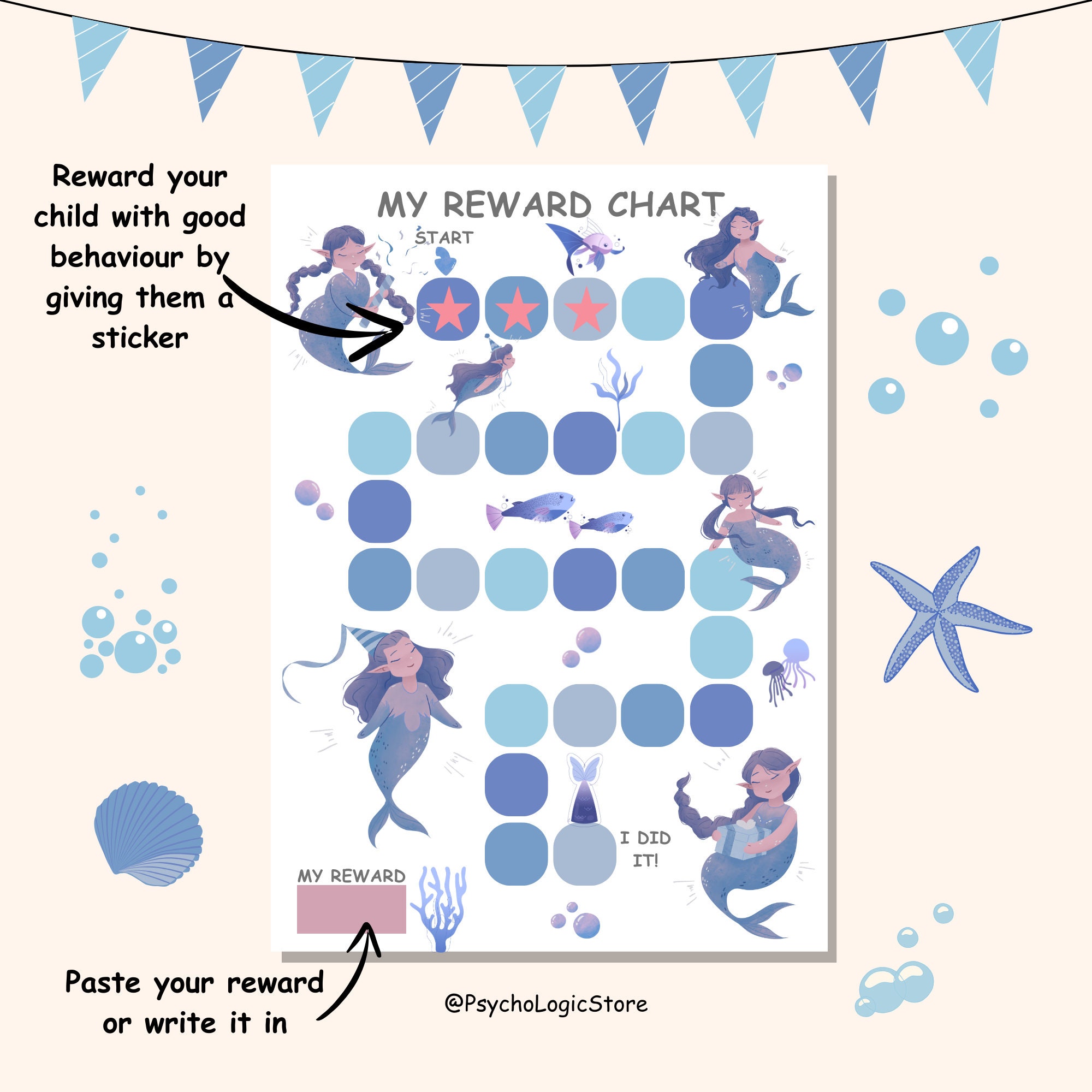 Mermaid Reward Chart, Toddlers, Girls Sticker Chart, Preschool Kids ...