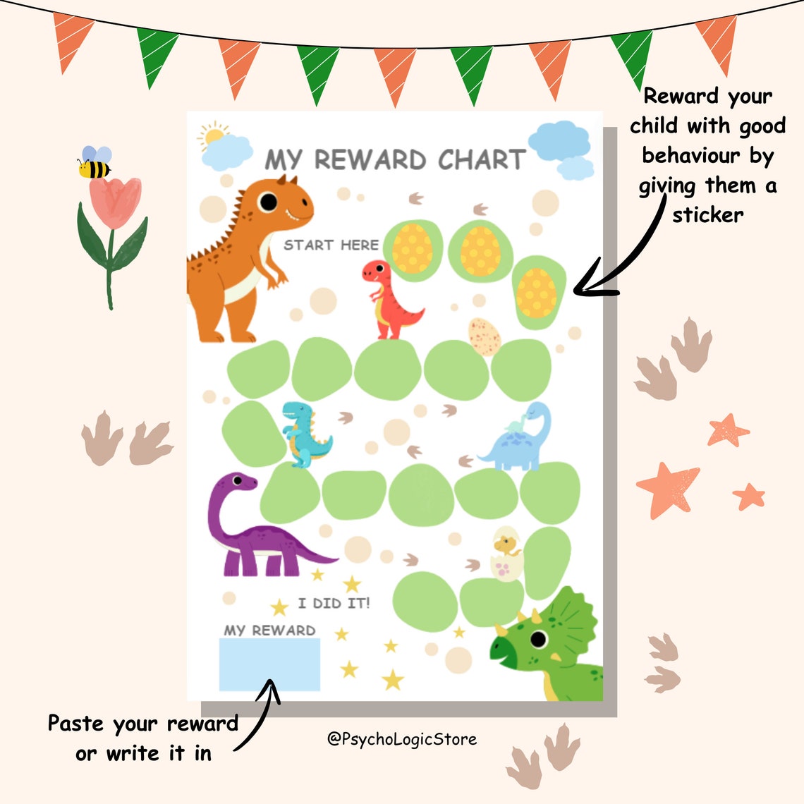 Dinosaur Reward Chart, Toddlers, Boys Sticker Chart, Preschool Kids ...