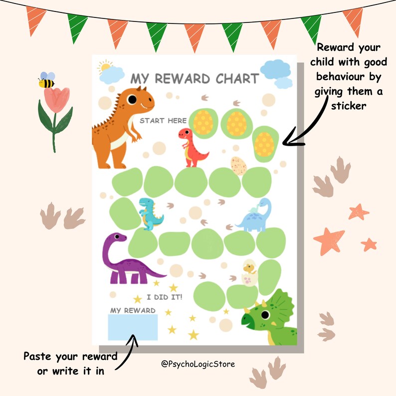 Dinosaur Reward Chart, Toddlers, Boys Sticker Chart, Preschool Kids ...