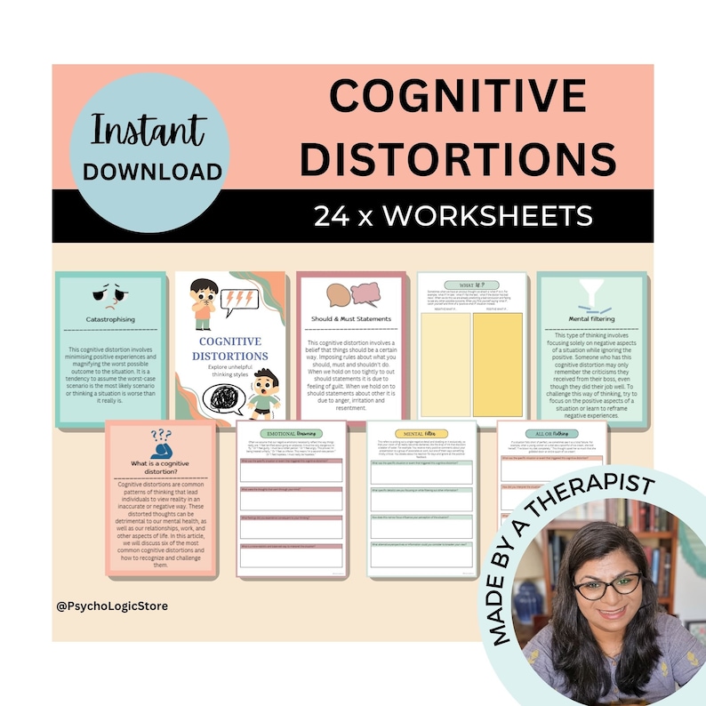 Cognitive Distortion Worksheets, Thinking Errors Flashcards, Unhelpful ...
