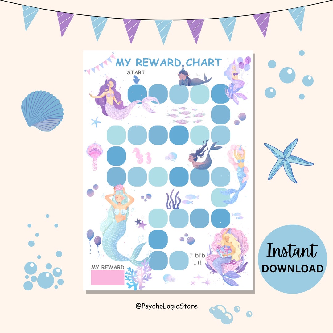Mermaid Reward Chart, Toddlers, Girls Sticker Chart, Preschool Kids ...