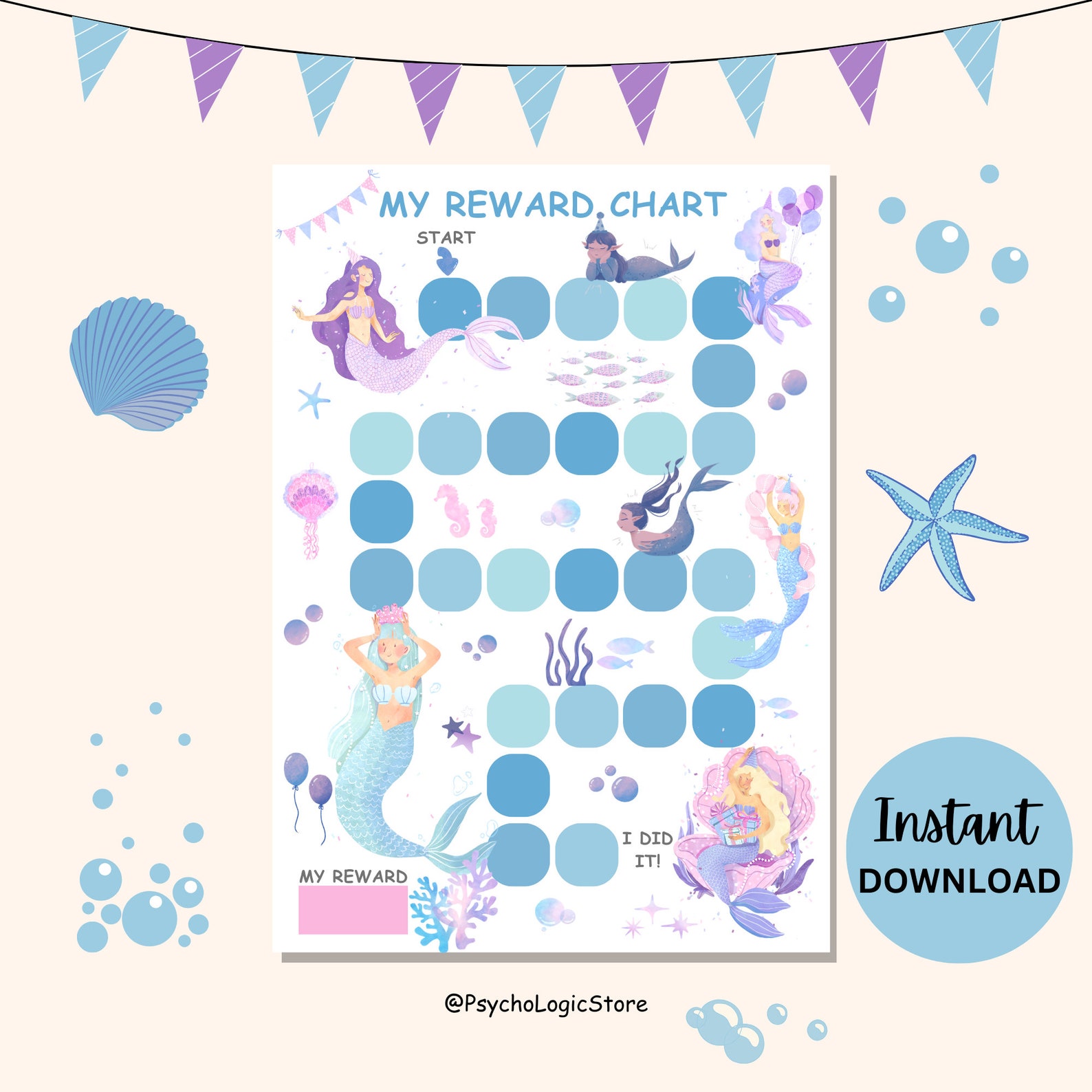 Mermaid Reward Chart, Toddlers, Girls Sticker Chart, Preschool Kids ...