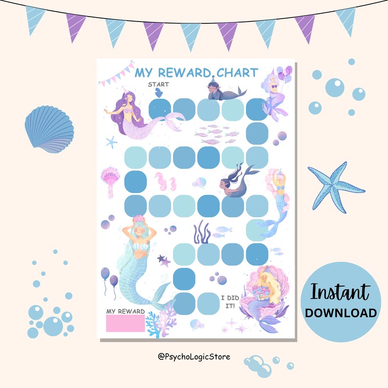 Mermaid Reward Chart, Toddlers, Girls Sticker Chart, Preschool Kids ...