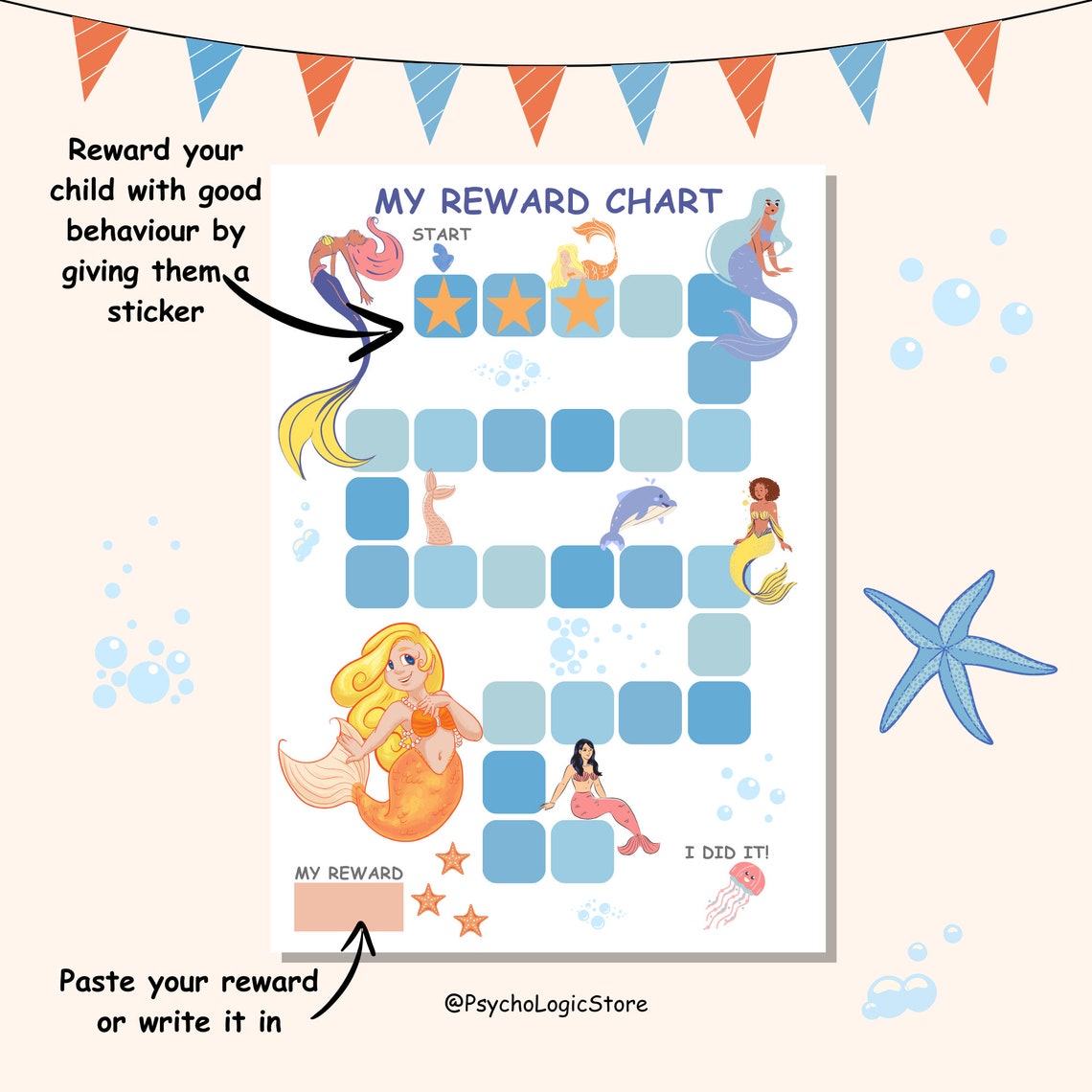 Mermaid Reward Chart, Toddlers, Girls Sticker Chart, Preschool Kids ...