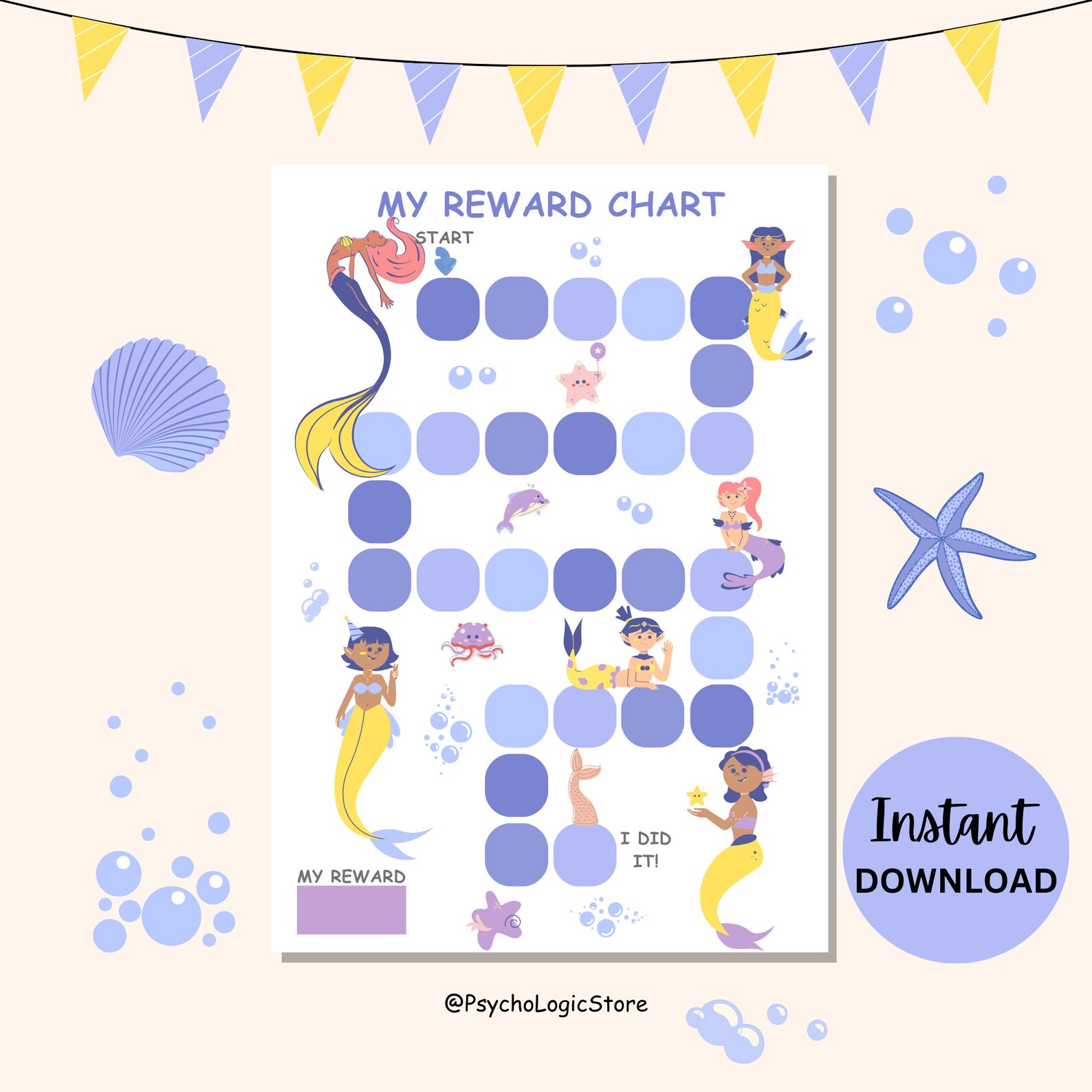 Mermaid Reward Chart, Toddlers, Girls Sticker Chart, Preschool Kids ...