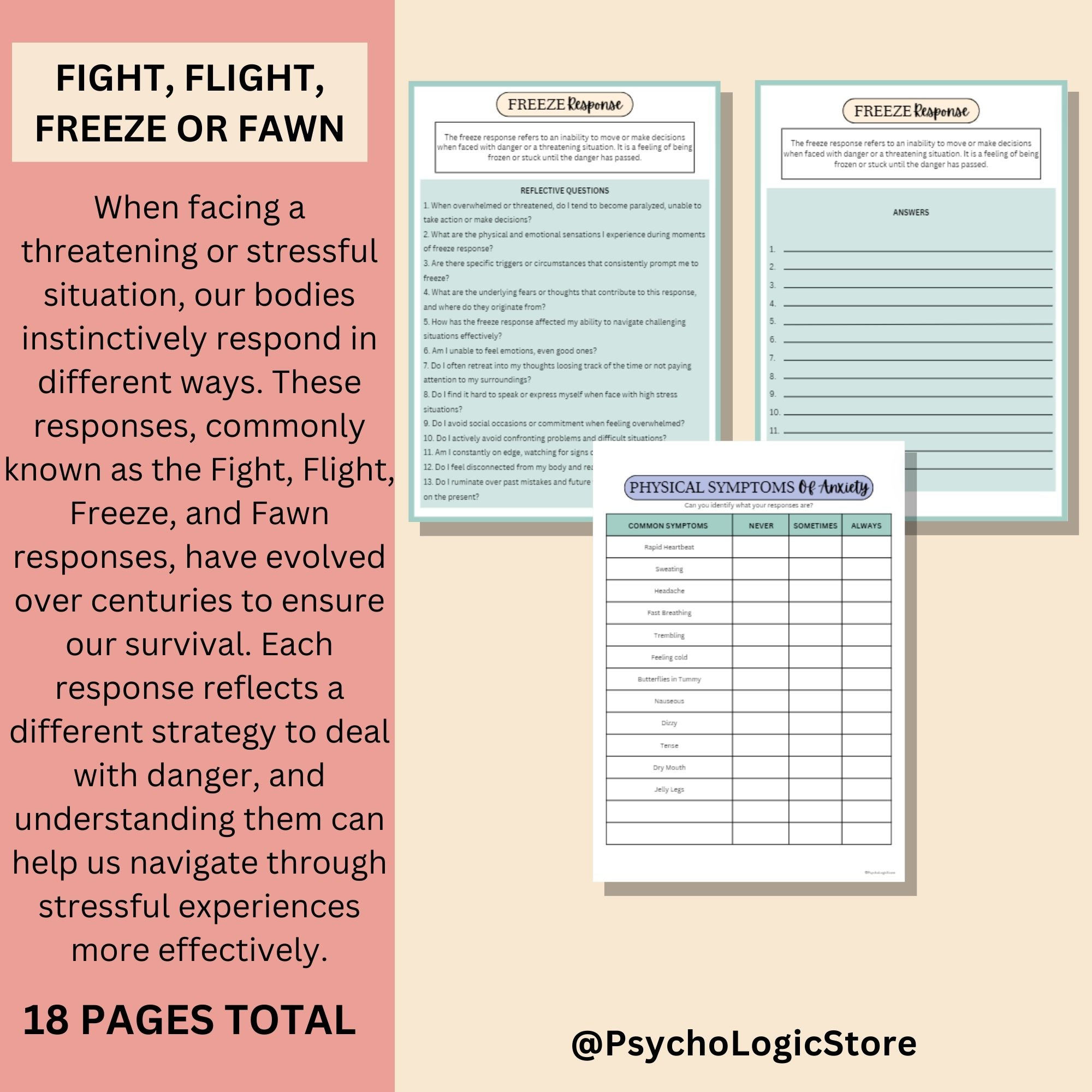 Signs of Fight Flight Freeze and Fawn Response Worksheets for ...