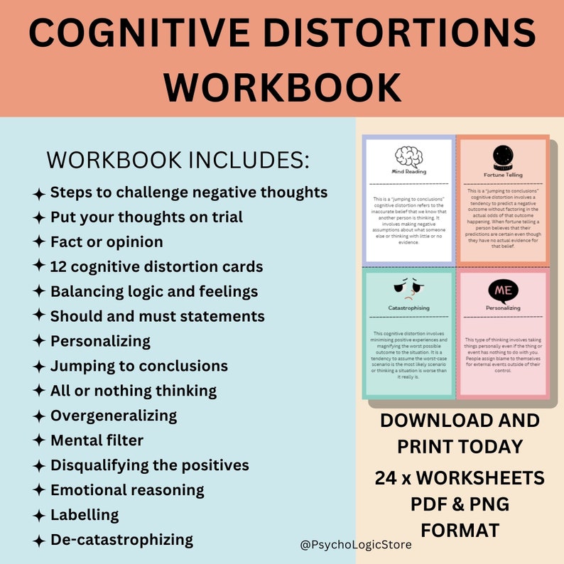 Cognitive Distortion Worksheets, Thinking Errors Flashcards, Unhelpful ...