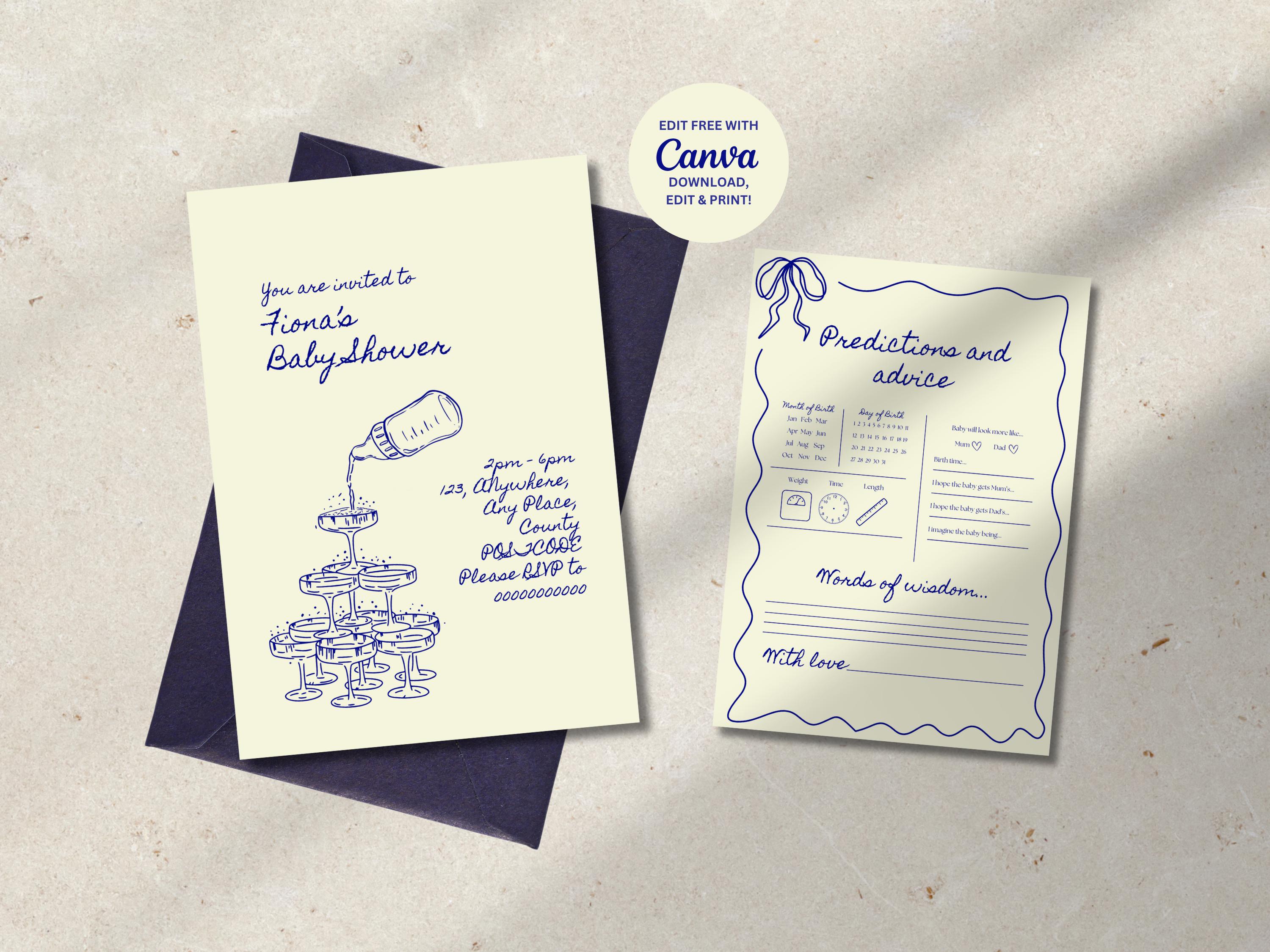 Handwritten Baby Shower Invitation & Prediction Card (digital Template ...