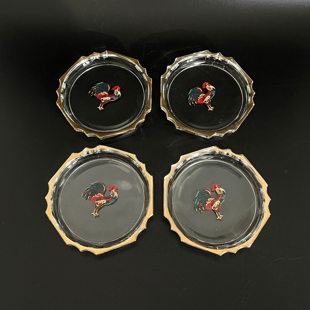 Set 4 Coasters Mid Century Modern 1950s Rooster Cockerel Chicken With Gilded Scalloped Edge Bar ...