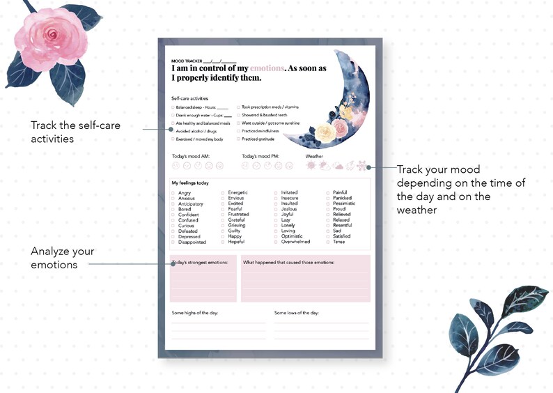 Daily Mood Tracker Digital Printable, Bullet Journal Prompt, Mental ...
