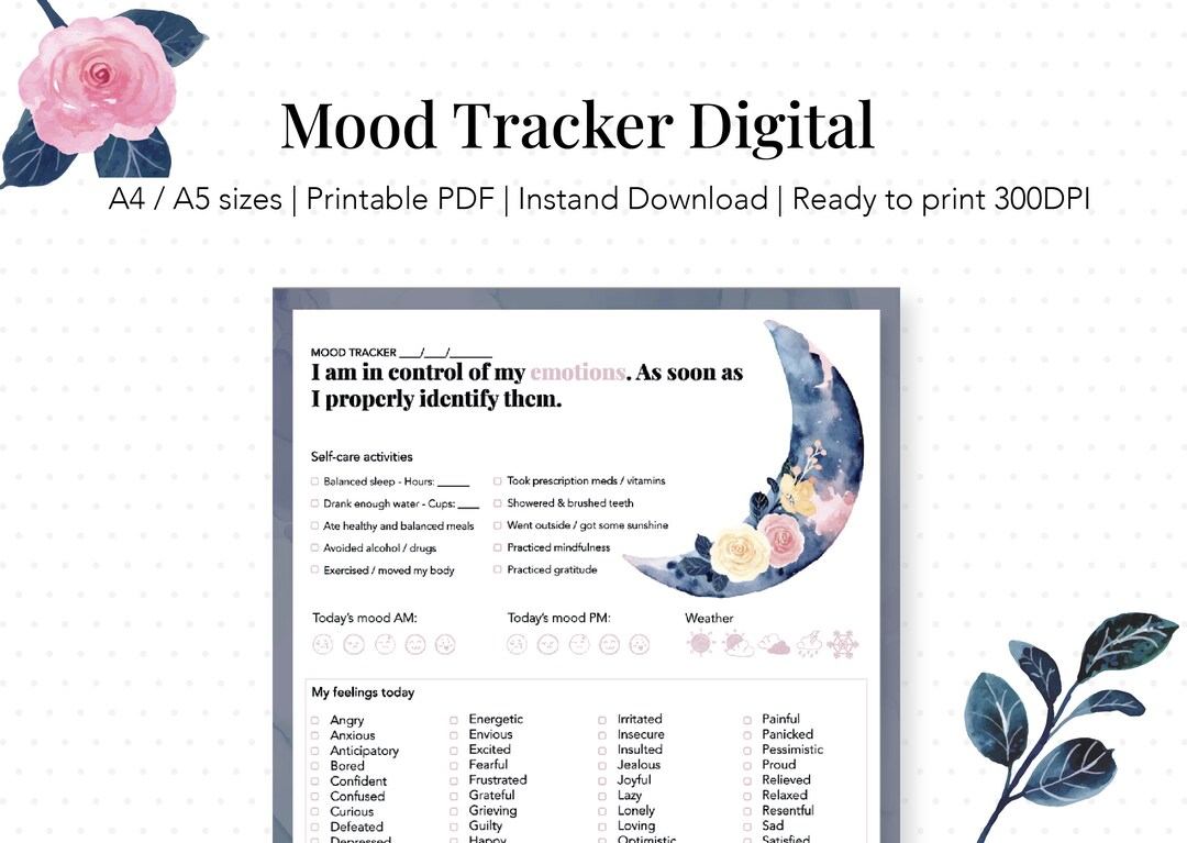 Daily Mood Tracker Digital Printable, Bullet Journal Prompt, Mental ...