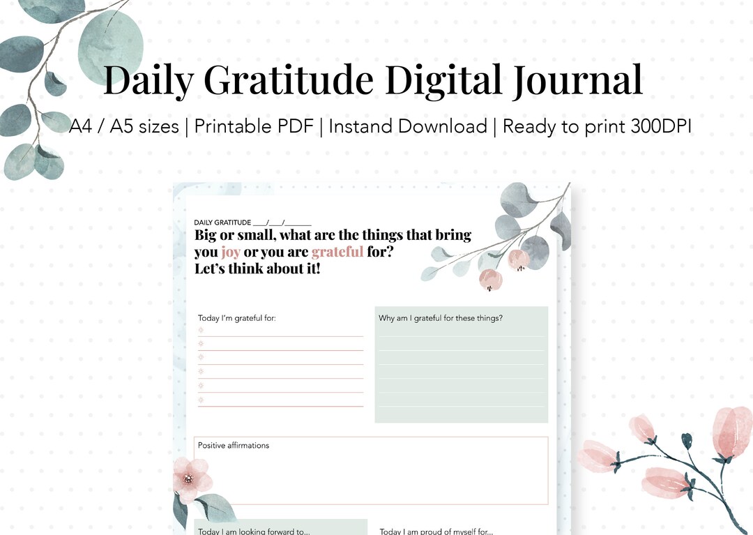 Daily Gratitude Digital Journal, Printable Planner, Mental Health, Self ...