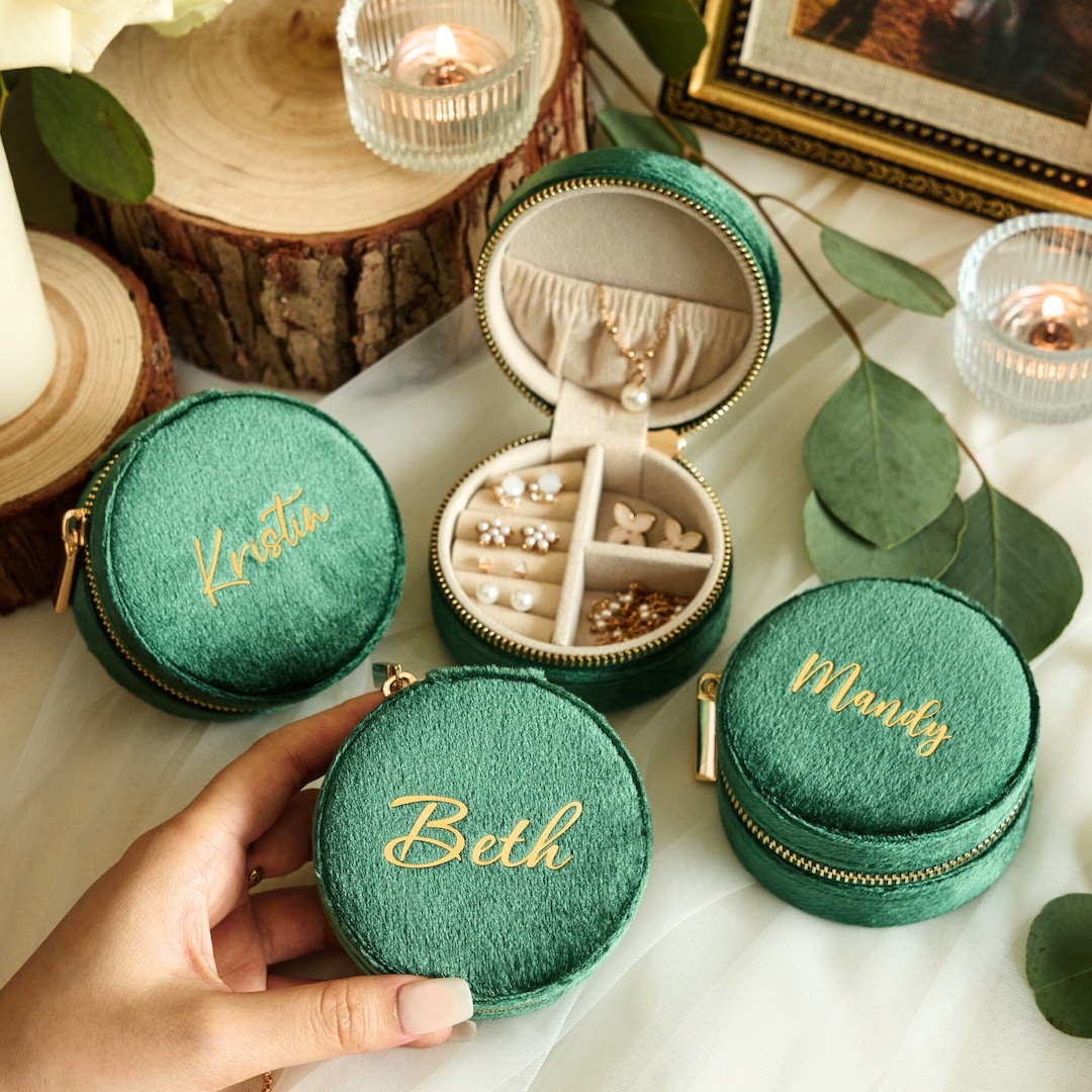 Personalised Round Velvet Jewellery Box Travel Jewelry Box Bridesmaid ...