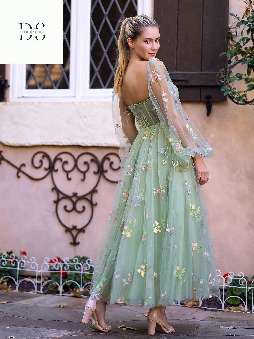 Sweetheart Embroidery Prom Dress Women a Line Tea-length Green Tulle ...