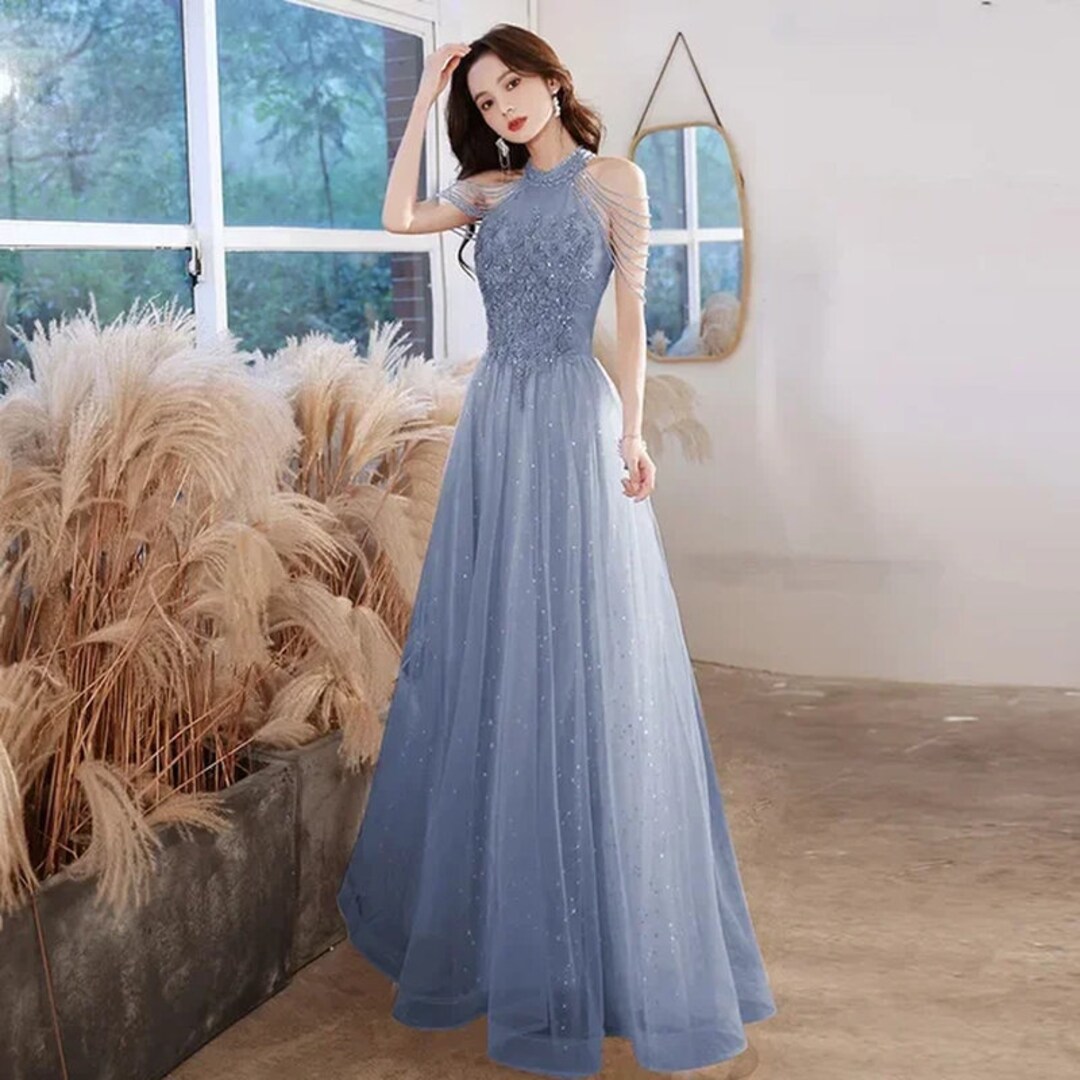 Princess Style Prom Dresses for Women Beading Tassel Solid Halter ...
