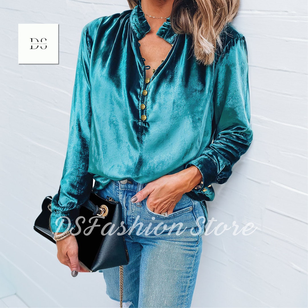 Blue Green Velvet Top Frilled Neck Perfect for Autumn/winter Velvet ...