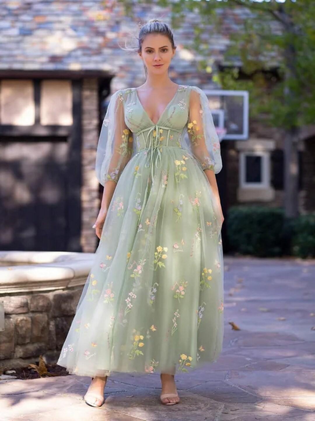 Sweetheart Embroidery Prom Dress Women a Line Tea-length Green Tulle ...