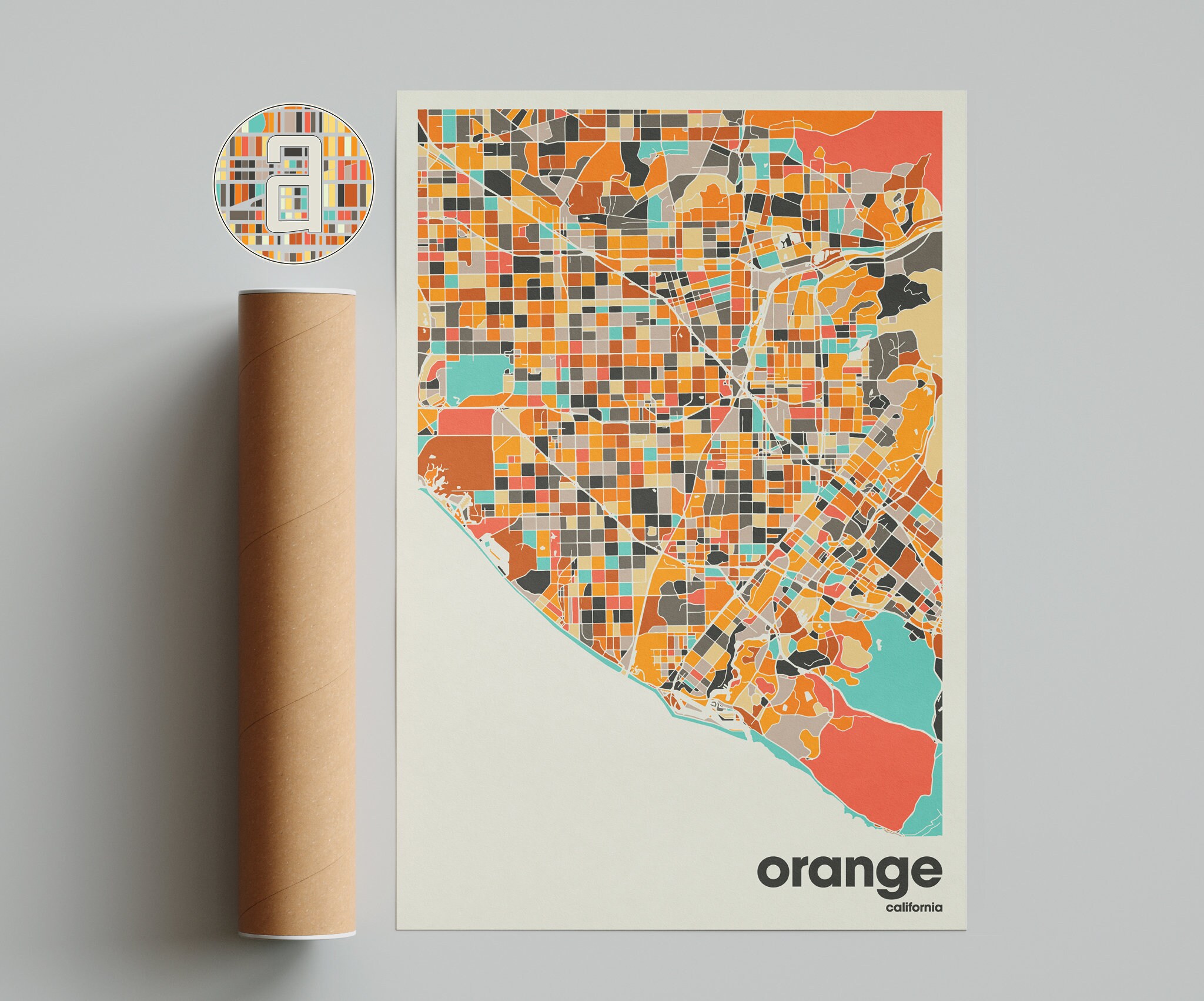 Orange Map Print Colorful Map Minimalist Orange Print California City ...