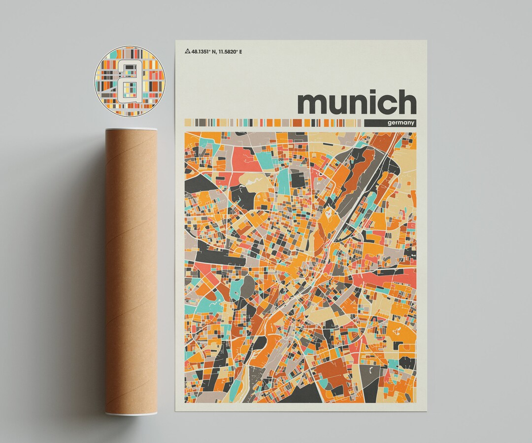Munich Colorful Map, City of Munich Map, Munich Minimalist Map, Munich ...