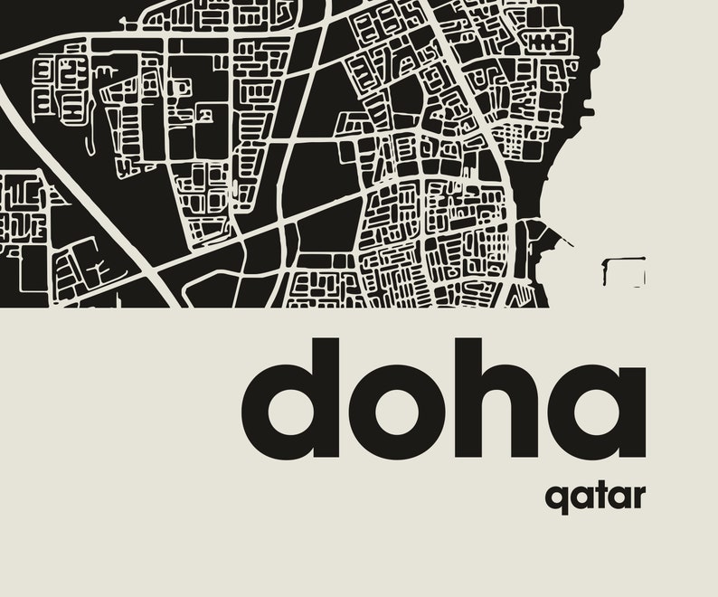 Mapa de Doha, Impresión de mapa de Doha, Mapa minimalista, Impresión de Qatar, Decoración ...