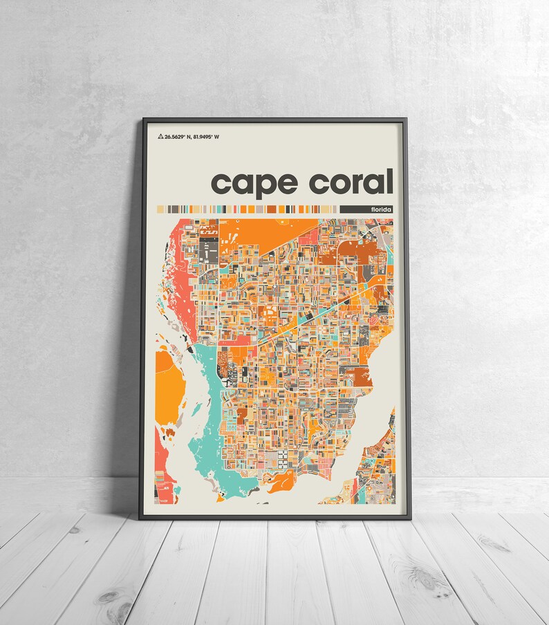 Cape Coral, Colorful Map, City of Cape Coral Map, Cape Coral Minimalist ...