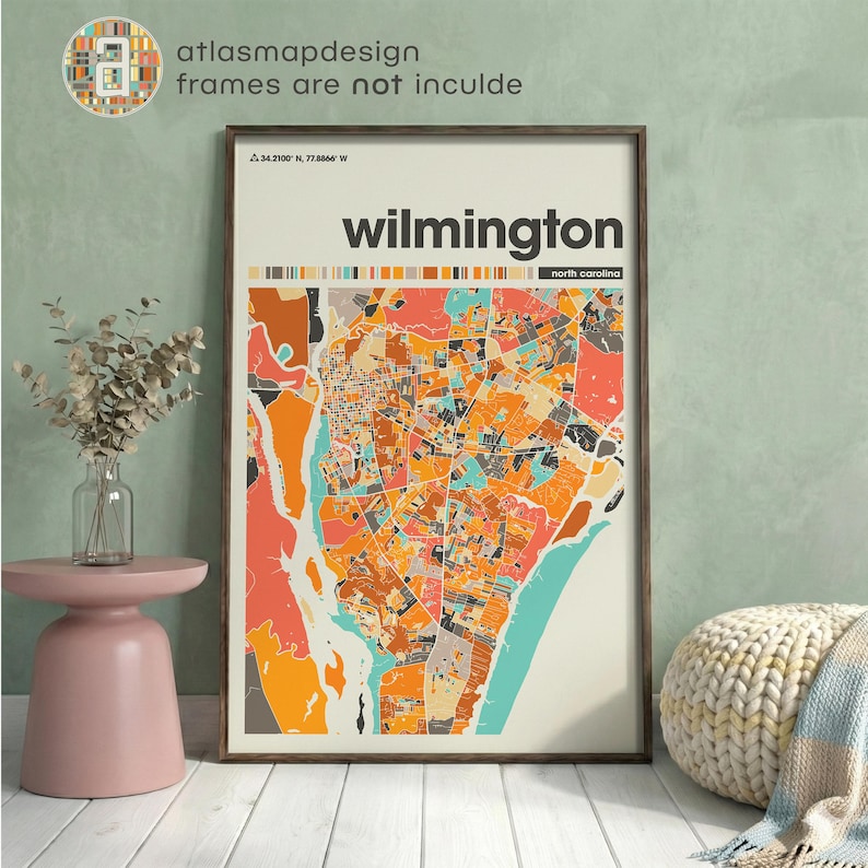 Wilmington NC Colorful City Map Poster, Cape Fear Coast Print Living ...