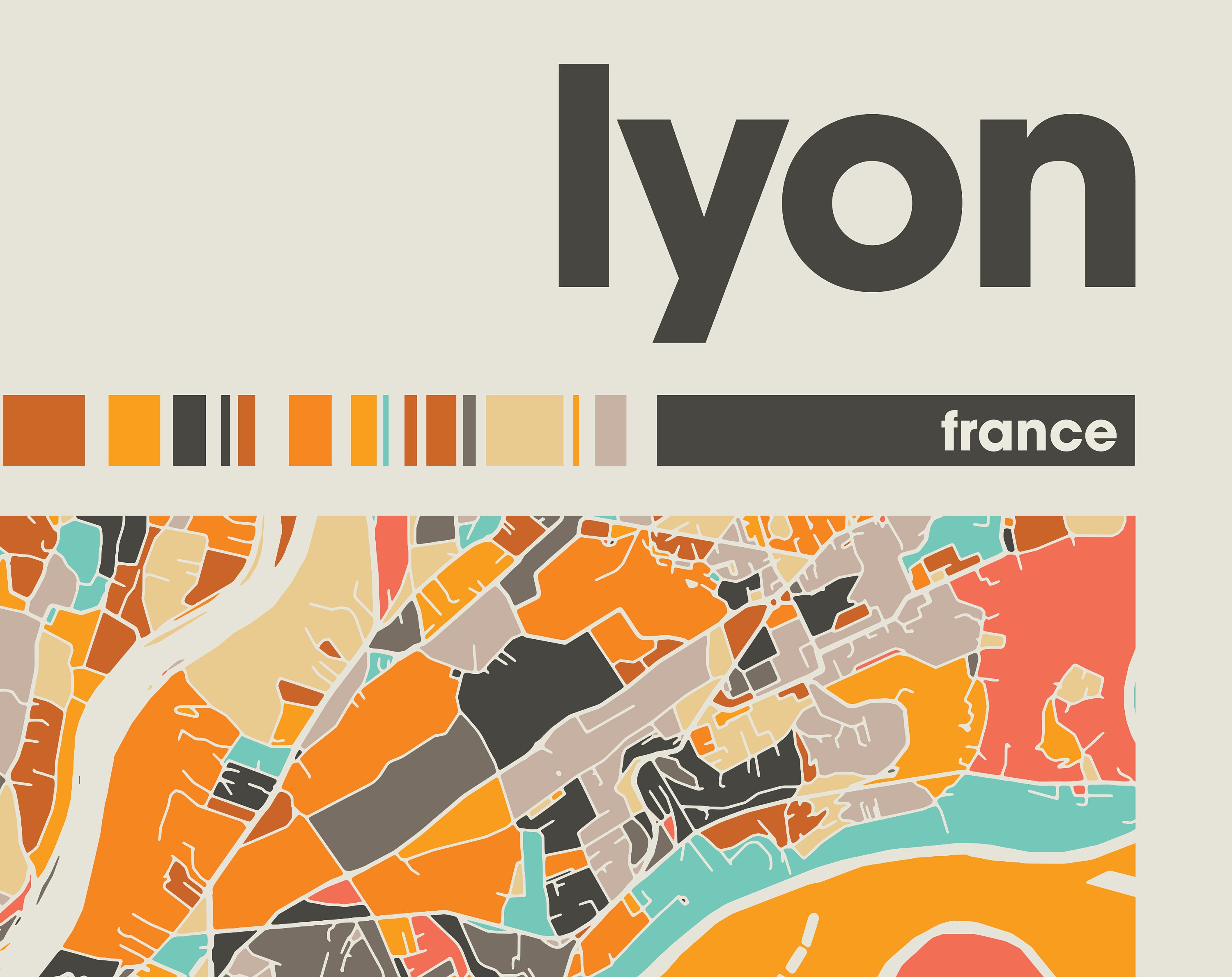 Lyon, Colorful Map, City of Lyon Map, Lyon Minimalist Map, Lyon Print ...
