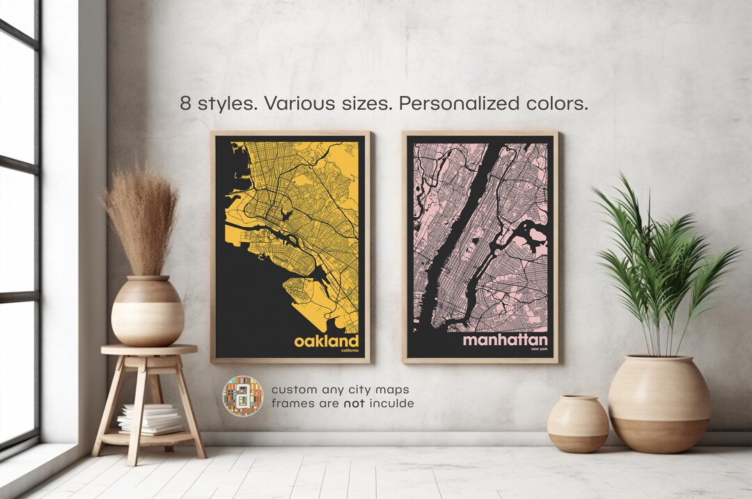 Personalized City Map Set of 2 – Custom Color Map Prints With Any City ...