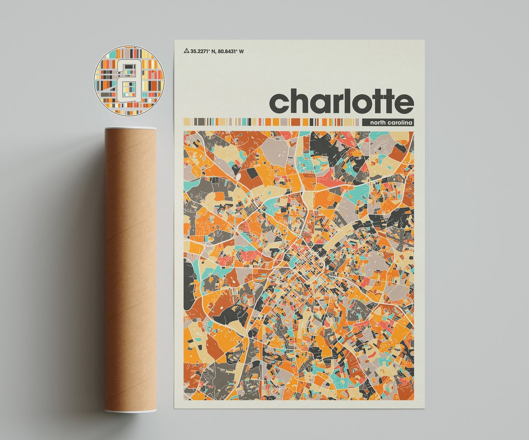 Mapa colorido de Charlotte, Mapa de la ciudad de Charlotte, Mapa ...